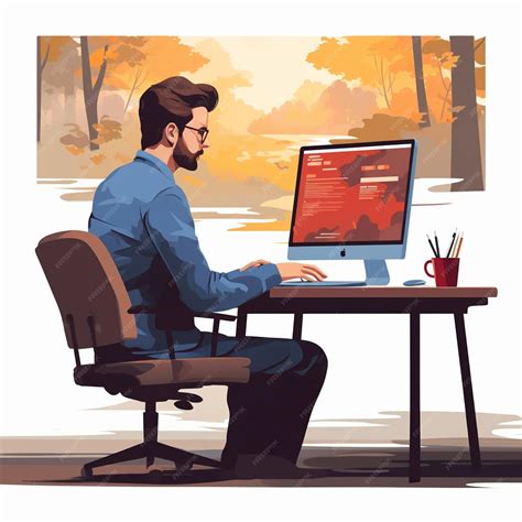 a man sits at a desk with a computer and a picture of a man working on a computer premium ai