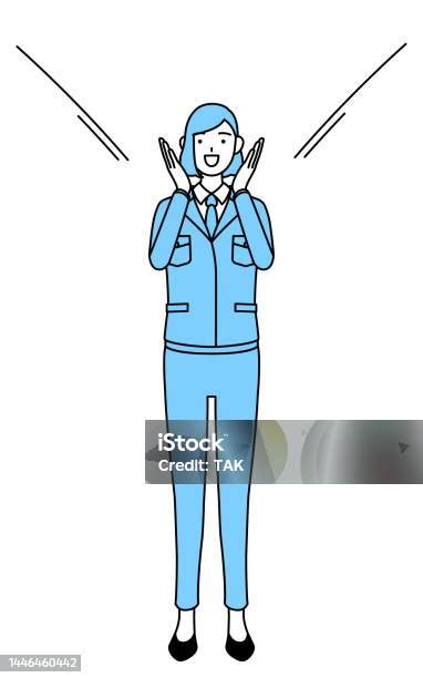 작업복을 입은 여성이 입에 손을 대고 외치는 간단한 선 그리기 그림 건설 산업에 대한 스톡 벡터 아트 및 기타 이미지 건설