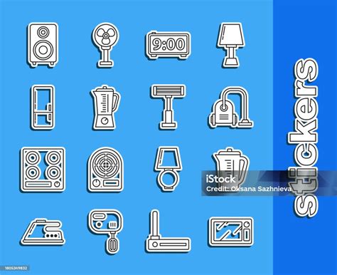 전자 레인지 계량컵 진공 청소기 디지털 알람 시계 믹서기 냉장고 스테레오 스피커 및 전기 히터 아이콘을 설정합니다 벡터 가사 집안일에 대한 스톡 벡터 아트 및 기타 이미지
