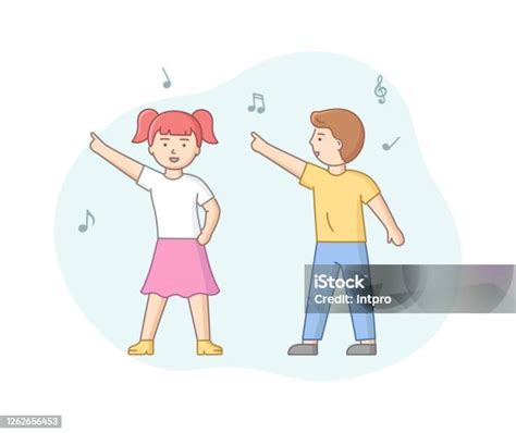 댄스 파티 개념 함께 춤추는 남자와 여자 다른 댄스 포즈에서 만족 커플 노트 인포 그래픽댄스 파티를 즐기는 캐릭터 만화 선형