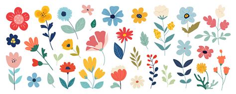 꽃 메가 플랫 그래픽 디자인으로 설정되었습니다 추상적인 초원 야생화 데이지 카모마일 장미 녹색 덤불 나뭇가지 야생의 다채로운 식물 허브 및 잎의 컬렉션 요소 벡터 일러스트