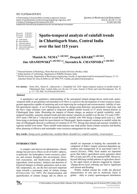 Pdf Spatio Temporal Analysis Of Rainfall Trends In Chhattisgarh State Central India Over The