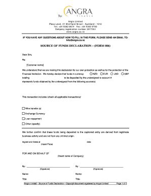Fillable Online Angra Co SOURCE OF FUNDS DECLARATION FORM 006 Angra Fax Email Print PdfFiller