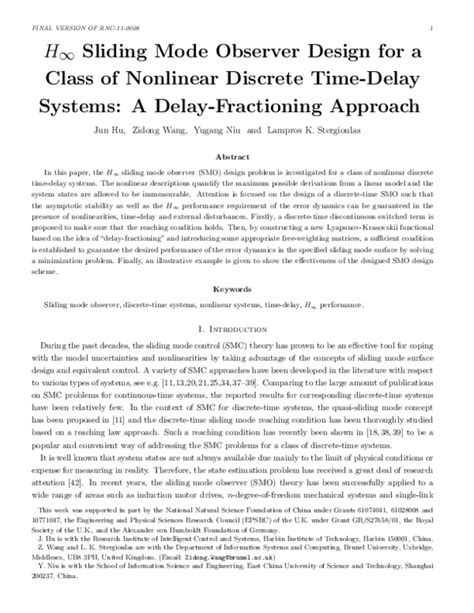 Pdf H ∞ Sliding Mode Observer Design For A Class Of Nonlinear