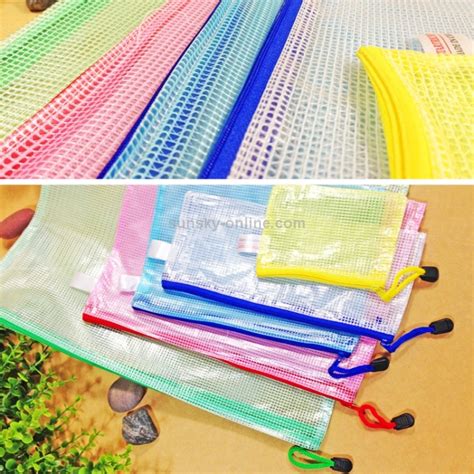 12 Pcs 지퍼 플라스틱 메쉬 편지지 가방 무작위 색상 배송 A5 크기 24x175cm