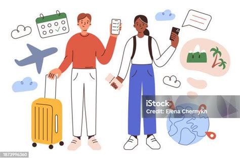 비행기로 여행하는 가족 해변 여행을 계획하는 다양한 커플 티켓 지구 수하물 만화 남자와 여자의 벡터 일러스트 레이 션과 손으로