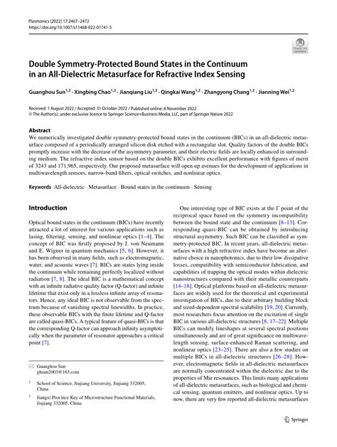 Pdf Double Symmetry Protected Bound States In The Continuum In An All Dielectric Metasurface