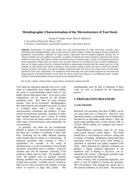 Pdf Metallographic Characterization Of The Microstructure Of Tool Steels