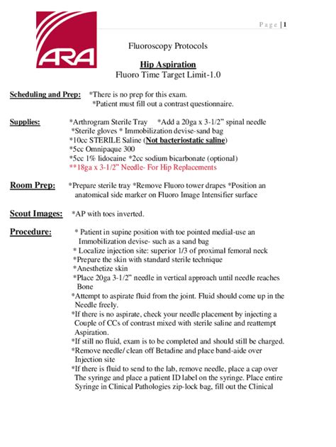 Fillable Online Arthrogram Hip Aspiration Fluoroscopy Protocols Pdf Fax Email Print Pdffiller