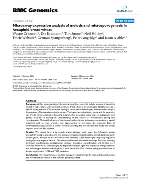 Pdf Microarray Expression Analysis Of Meiosis And Microsporogenesis In Hexaploid Bread Wheat