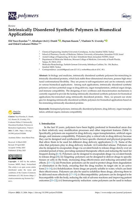 Pdf Intrinsically Disordered Synthetic Polymers In Biomedical