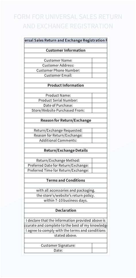 Form For Universal Sales Return And Exchange Registration Excel Template And Google Sheets File