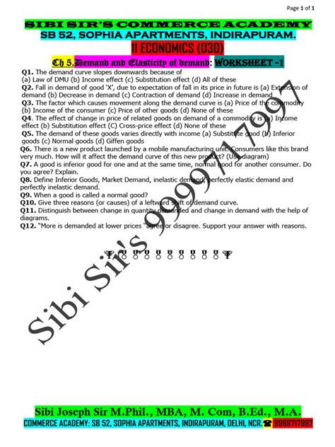 Demand And Elasticity Of Demand Worksheet 1 Pdf