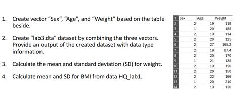 Solved Create Vector Sex Age And Weight Based On The Chegg Com