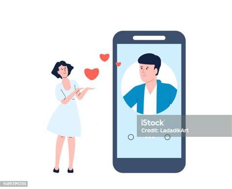 온라인 낭만적인 관계 데이트 및 회의 개념을 위한 디지털 앱 젊은 여자는 남자 사진 소셜 미디어 벡터 장면에 마음을 준다 가상