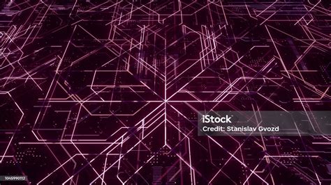 디지털 전자 회로 보드입니다 빛나는 한 라인과 기하학적 요소의 추상 구조 크리에이 티브 기술 개념입니다 검은색에 빛나는 금속 요소 3 차원 렌더링 0명에 대한 스톡 사진 및