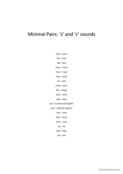 Minimal Pairs Pronunciation Of S A English ESL Worksheets Pdf Doc