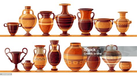 선반에 도자기 꽃병과 항아리 진흙 냄비 빈티지 암포라가 있는 도자기 스튜디오 손수 만든 토기 다른 모양 도자기 워크샵 컬렉션