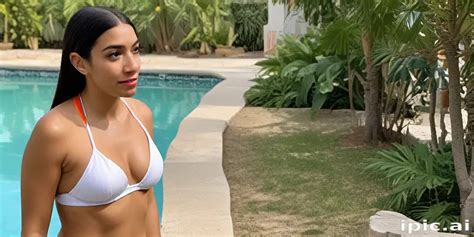 Young Woman In A Bikini By A Sparkling Pool Surrounded By Lush Greenery