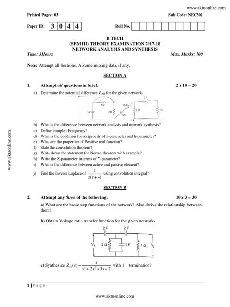 Btech Ec 3 Sem Network Analysis And Synthesis Nec 301 2017 18 Pdf Network Analysis