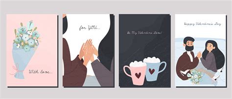 발렌타인 데이를 위한 엽서 세트 아이스 스케이트와 다양한 축제 요소에서 사랑에 빠진 커플 날짜 저장 꽃 식물에 대한 스톡 벡터