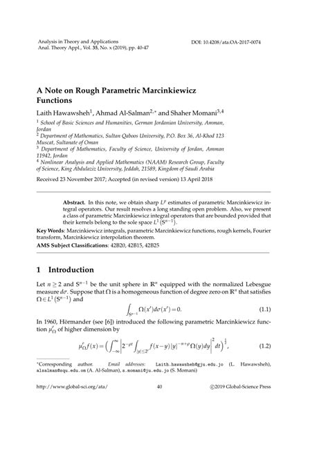 Pdf A Note On Rough Parametric Marcinkiewicz Functions