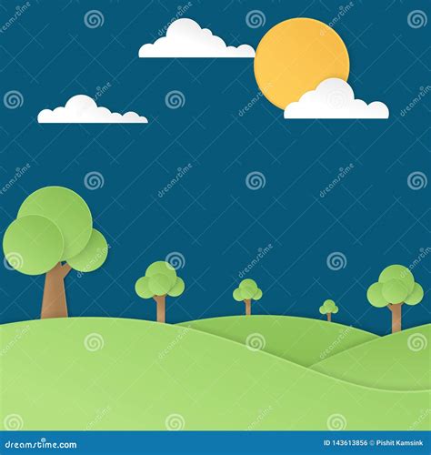 Nature Landscape Trees And Clouds With The Sun Stock Vector Illustration Of Paper Design