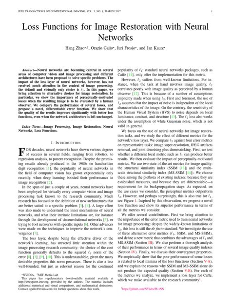 Loss Functions For Image Restoration With Neuralnetwork Pdf