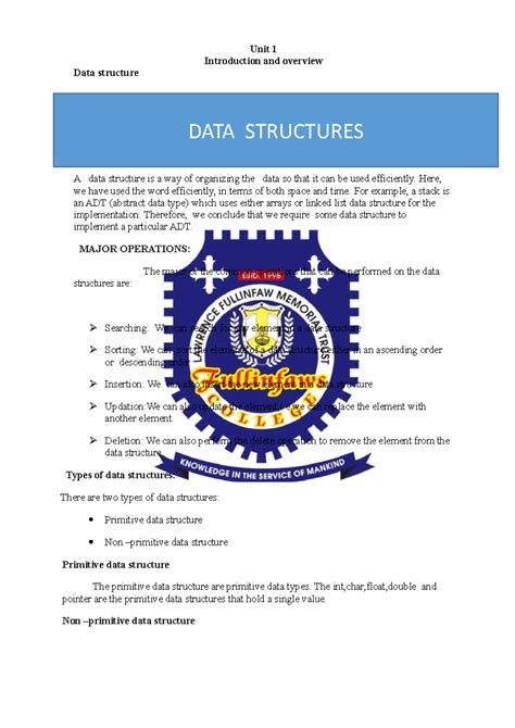 Data Structure Unit 1 Unit 1 Introduction And Overview Data Structure A Data Structure Is A