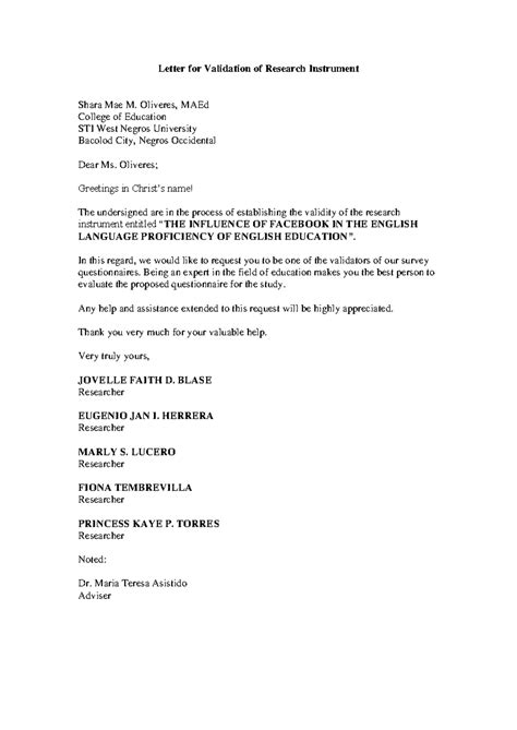Validation Letter And Validation Instrument Letter For Validation Of