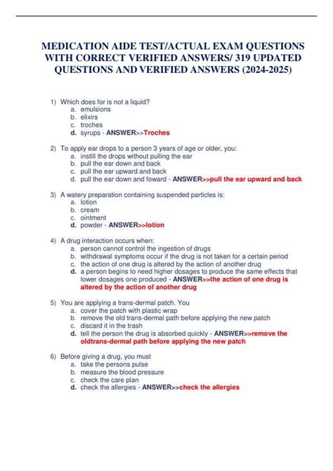 Medication Aide Testactual Exam Questions With Correct Verified