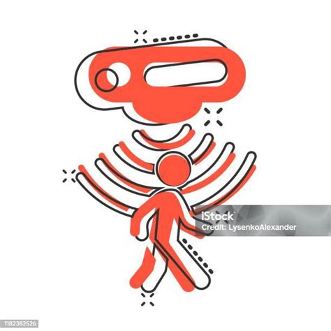 만화 스타일의 모션 센서 아이콘입니다 남자 벡터 만화 일러스트 그림과 파도 사람 보안 연결 비즈니스 개념 시작 효과입니다 감지기에 대한 스톡 벡터 아트 및 기타 이미지