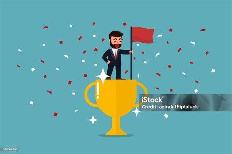 트로피에 깃발을 들고 있는 승리한 사업가 경력 성공 개념 사업의 승리 또는 성공 승리 또는 상금 획득 리더십 성공 벡터 일러스트 레이 션 Championship에 대한 스톡