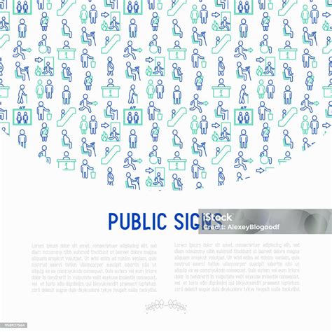 공공 개념 선 아이콘 서명 정보 스탠드 화재 또는 비상구 사용 쓰레기통 임산부 장애인 노인 아이 여자에 대 한 석 엘리베이터 화장실 벡터 일러스트입니다 개념에 대한 스톡