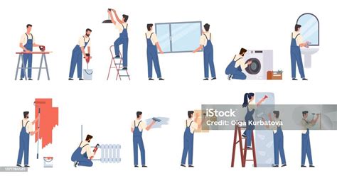 리노베이션 작업자 서비스 유니폼을 만드는 사람들 수리 집 남자와 여자 페인트 벽 방에 접착제 벽지 누워 타일 삽입 창 배관 변경