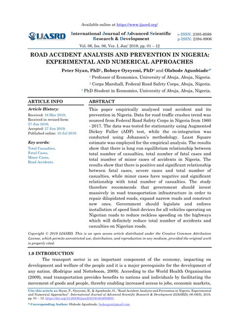 Pdf Road Accident Analysis And Prevention In Nigeria Experimental And Numerical Approaches