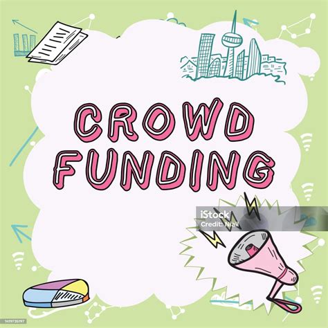 개념적 표시 크라우드 펀딩 기금 모금에 쓰여진 단어 킥스타터 스타트업 서약 플랫폼 기부 중요한 메시지는 메가폰 차트 및 스카이 라인으로 프레임에 제시됩니다 건물 외관에 대한