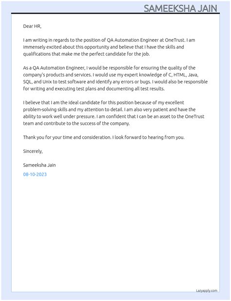 Cover Letter For Qa Automation Engineer Lazyapply