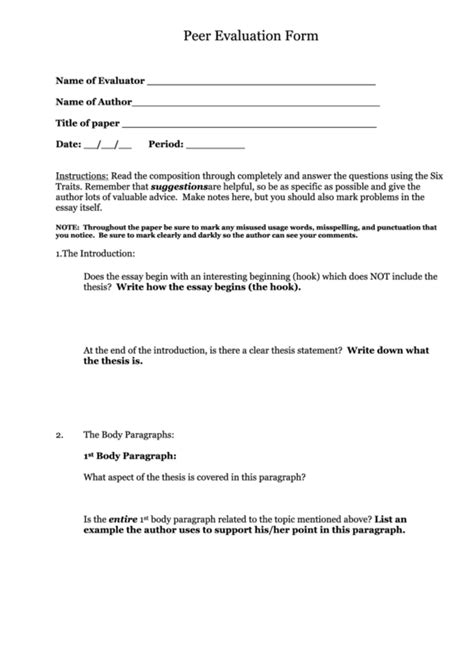 Peer Evaluation Form Printable Pdf Download