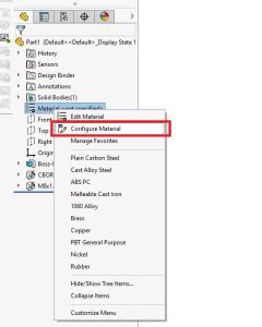 Configure SOLIDWORKS Material In Addition To Features And Dimensions