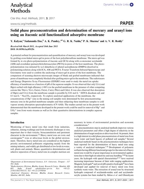 Pdf Solid Phase Preconcentration And Determination Of Mercury And Uranyl Ions Using An