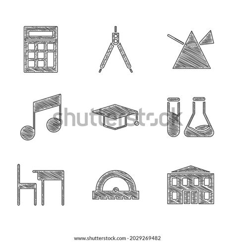 Set Graduation Cap Protractor School Building Stock Vector Royalty