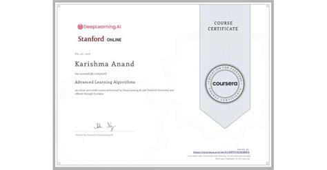 Completion Certificate For Advanced Learning Algorithms Karishma Anand