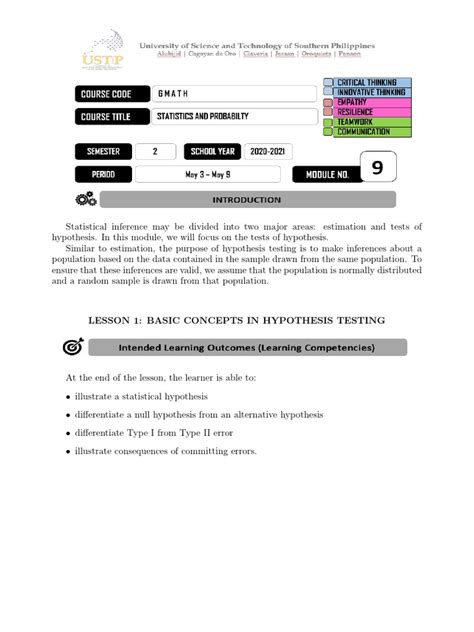 Sp Module 9 Pdf Statistical Hypothesis Testing Type I And Type Ii