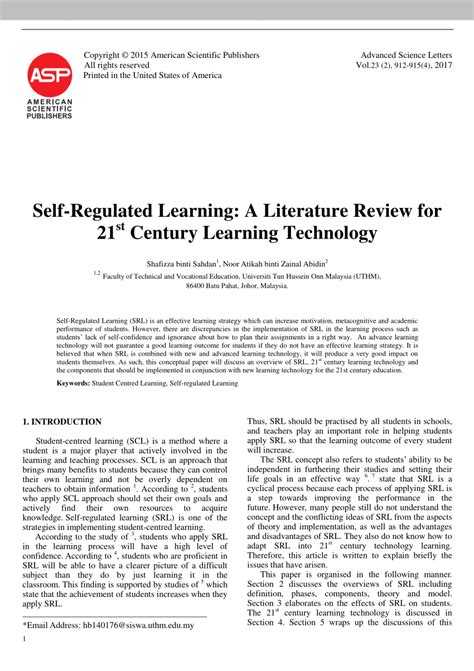 Pdf Self Regulated Learning A Literature Review For 21st Century