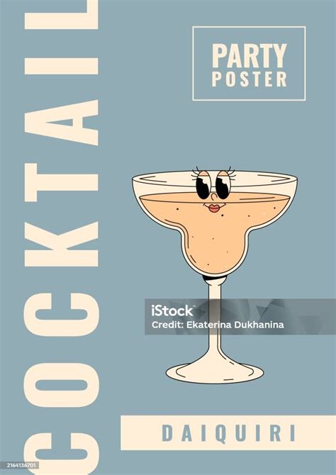 그루비 캐릭터 Daiquiri 인기 있는 알코올 음료와 함께 복고풍 여름 파티 포스터 카페 바 또는 칵테일 라운지 전단지 빈티지
