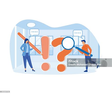 자주 묻는 질문 또는 문제 해결 솔루션 또는 지원 아이디어 개념 느낌표가 있는 사업가와 여성 말풍선 대화가 있는 물음표 플랫