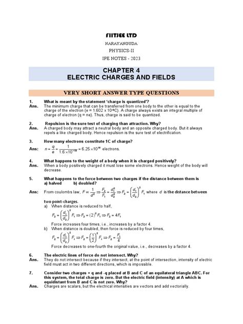 Sr Inter Ipe Question Bank Chapter Iv Electric Charges And Fields