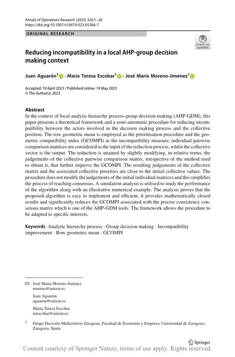 Pdf Reducing Incompatibility In A Local Ahp Group Decision Making Context