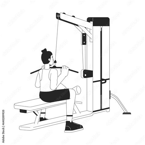 Man Dragging Bar Down On Lat Pulldown Machine Flat Line Black White Vector Character Editable